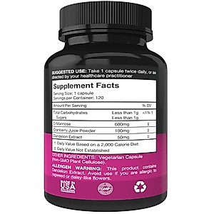 D Mannose Capsules with 600mg D-Mannose Powder Per Cap - with Added Cranberry and Dandelion Extract to Aid in Bladder, Urinary Tract and UTI Support - 120 Veggie Caps