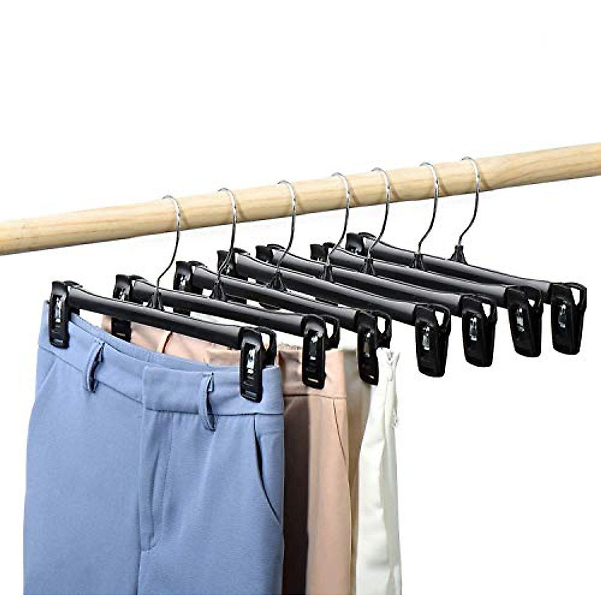 HOUSE DAY Pants Hangers 100 Pcs 12inch Black Plastic Skirt Hangers with Non-Slip Big Clips and 360 Swivel Hook, Durable Sturdy Plastic, Space-Saving Shape, Elegant for Closet Organizing
