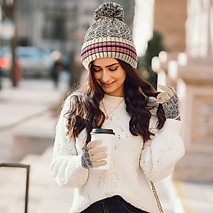 5 in 1 Women Soft Warm Thick Cable Knitted Beanie Hat Scarf Gloves Socks Earmuff Set Thickened Lining Cap Touchscreen Gloves (Beige, Khaki)