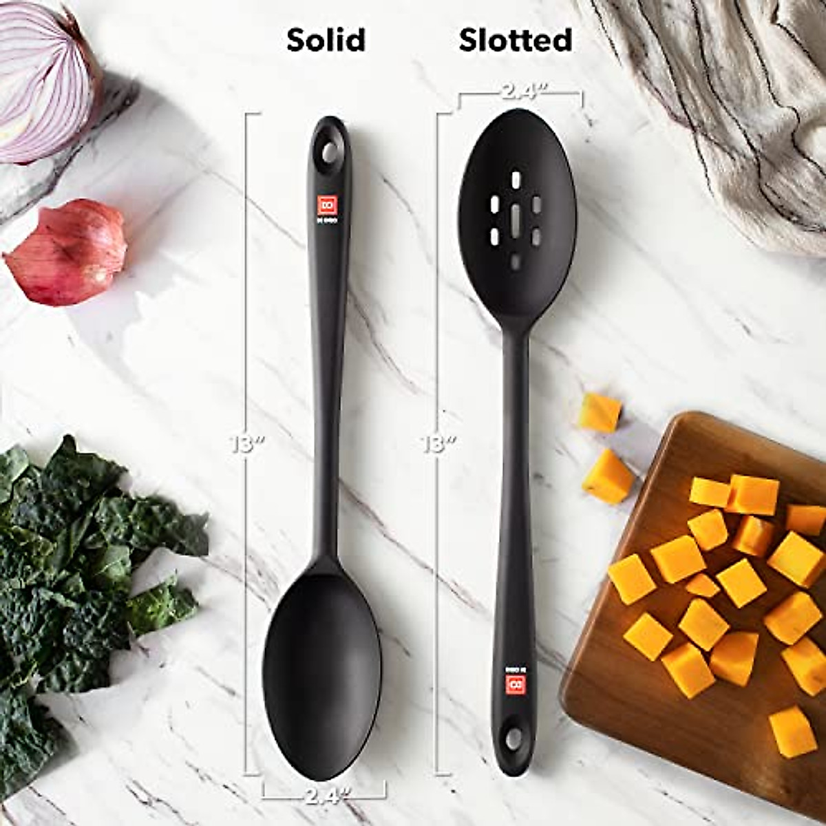 DI ORO Silicone Spoons for Cooking - Large Kitchen Spoons for Mixing, Serving, & Stirring - 600°F Heat-Resistant Non Stick Utensils – Big Solid & Slotted Basting Spoons - Dishwasher Safe (2pc, Black)