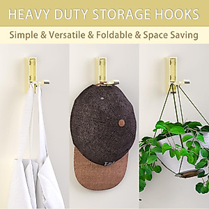 ANJUU Wall Hooks for Hanging Coat, Heavy Duty Metal Hooks with Folding Storage Foldable Wall Hooks for Entryway Bathroom Kitchen Bags Towels Closet, 4Pcs Gold