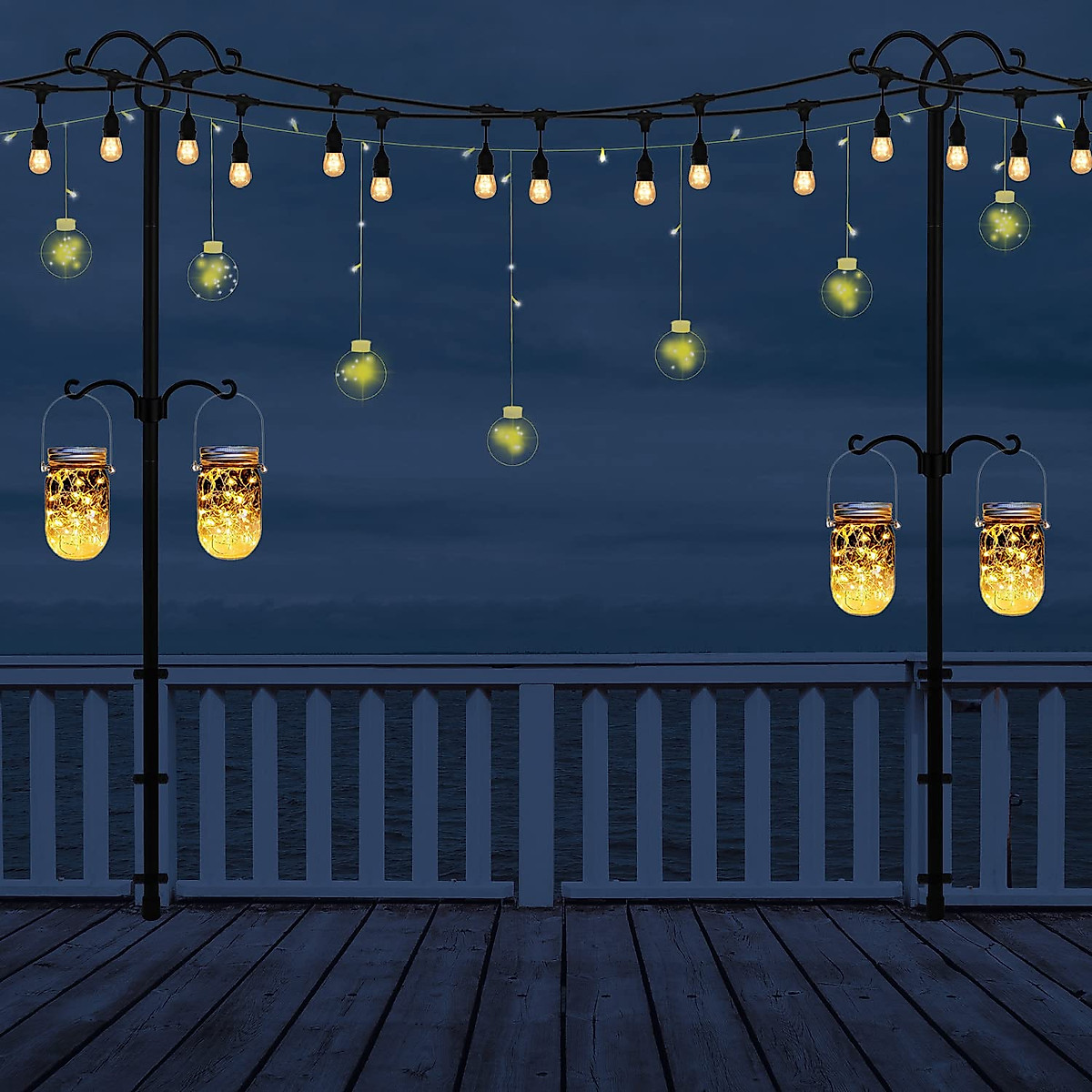 String Light Poles 2 Pack,110IN Height Adjustable Metal Stand Pole with Hooks for Hanging String Lights,Garden, Backyard,Patio Lighting Stand for Parties,Wedding (2Pack-Deck Pole, Black)