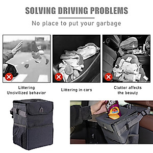 Kewucn Car Trash Can with Lid, Waterproof Mini Auto Garbage Can, Leak-Proof Vehicle Organizer and Storage Pockets, Hanging Collapsible Trash Bin, Universal Accessories for Most Cars (Gray)