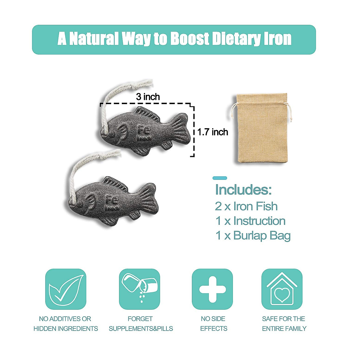 YOUIN 2 Packs of Iron Fish with Bag-A Natural Source of Iron to Reduce The Risk of Iron Deficiency,an Effective and Safe Cooking Tool to Add Iron to Food,Ideal for Pregnant Women Vegans Athletes