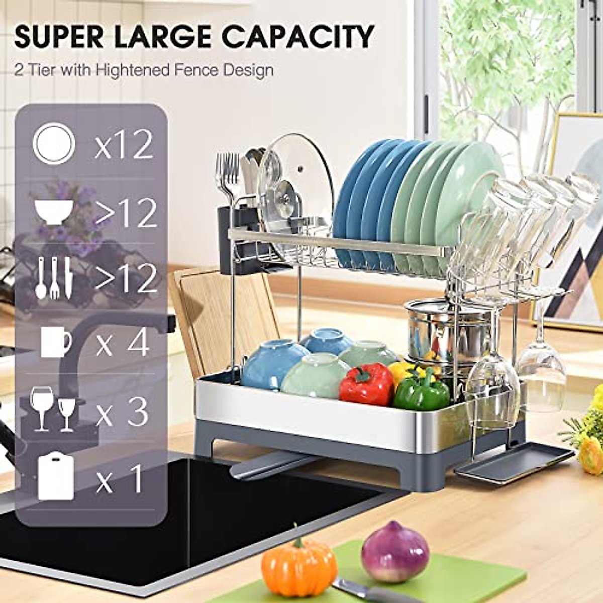 TOOLF Dish Drying Rack, 2-Tier Dish Rack with Large Capacity, Multifunctional Dish Drainer with Drainboard, Rustproof & Durable with 360° Drainboard Set with Cutting Board Rack, Tool-Free Installation