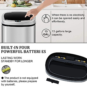 13 Gallon Trash Can Kitchen Garbage Can, Touch-Free Automatic Stainless Steel Trash Can with Lid Oval Shape Garbage Bin 50L High-Capacity Metal Trash Can for Bathroom Bedroom Home Office, Sliver