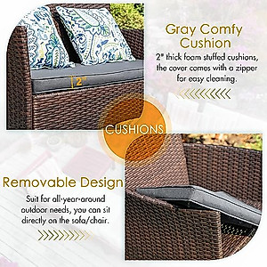 PHI VILLA 4 Pieces Outdoor Furniture Set, Wicker Loveseat & Chairs with Thick Gray Cushions & Glass Coffee Table, Modern Sectional Conversation Sofa Set for Patio, Deck, Yard, Porch