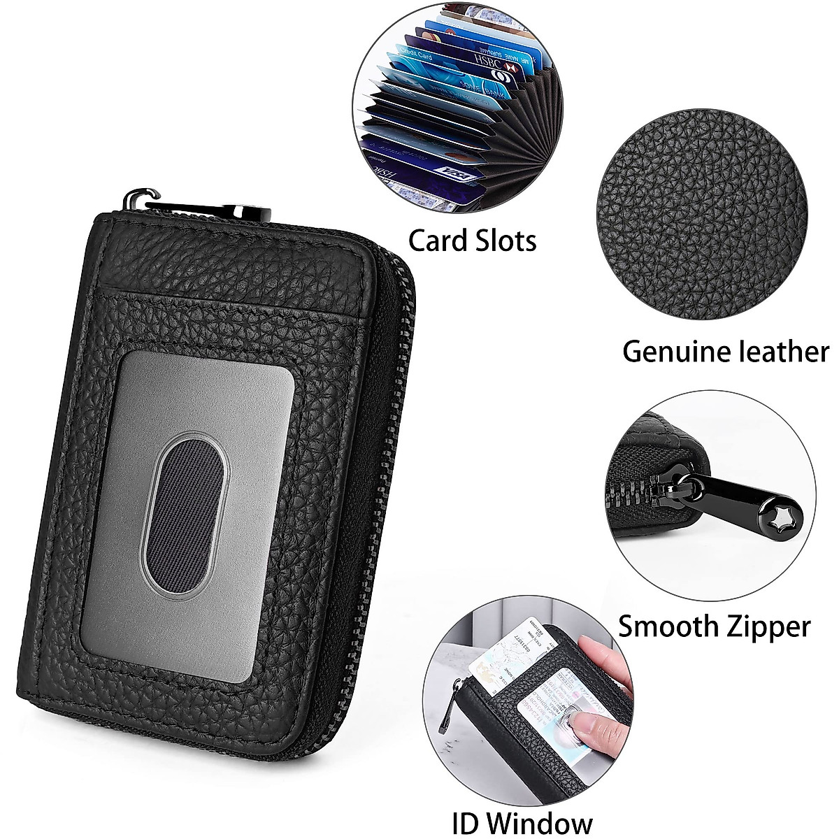 Badiya Genuine Leather Credit Card Holder RFID Blocking Accordion Small Card Case Wallet Zip Coin Purse for Women Men