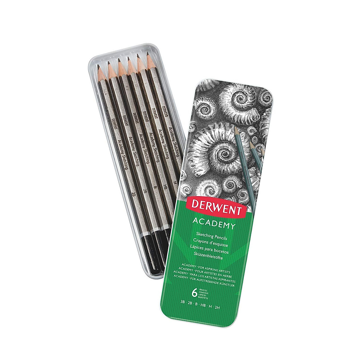 Derwent Academy Sketching Pencils, 6 Degrees of Hardness, Metal Tin, 6 Count (2301945)