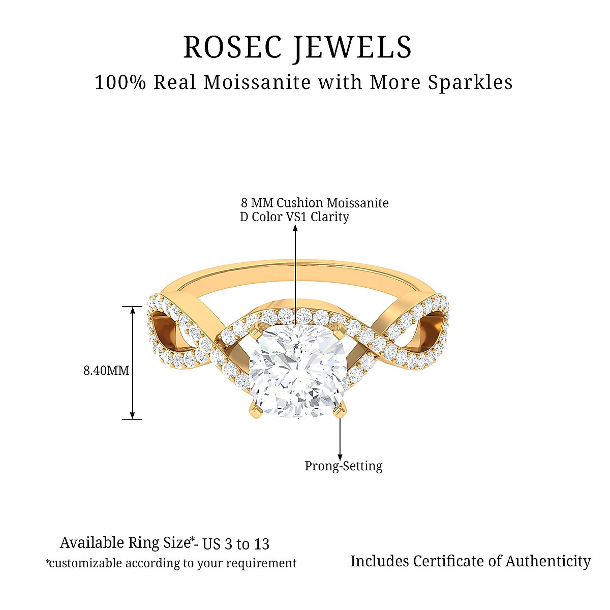 Rosec Jewels 3 CT Certified Moissanite Crossover Infinity Engagement Ring in Gold (7 MM Cushion, D Color VS1 Clarity), 14K Yellow Gold, Size:US 8.00