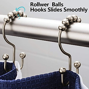 DAWNER Shower Curtain Hooks, Rust Proof Metal Easy Glide Double Rings, Stainless Steel Hangers for Bathroom Curtains, Set of 12, Brushed Nickel