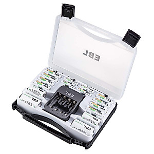 EBL Black Batteries Box Include : Rechargeable 8 AA Batteries + 4 AAA Batteries + 40Min iQuick Battery Charger and 2Pcs C/D Converters with Battery Storage Organizer