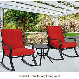 Betterland Outdoor 3-Piece Rocking Chairs Patio Bistro Sets, Glass-Top Coffee Table & Black Metal ​Patio Furniture with Thickened Cushions (Red)