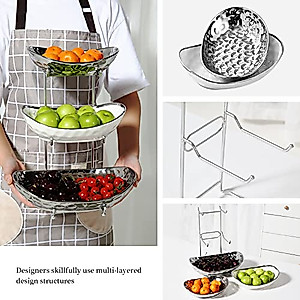Acliys Fruit Bowl, 3 Tier Ceramic Fruit Basket, 3 Tier Serving Stand Serving Bowl with Metal Rack, Porcelain Kitchen Bowls for Fruit Vegetable Storage Snack Nuts Dessert Cake Tray for Party Wedding