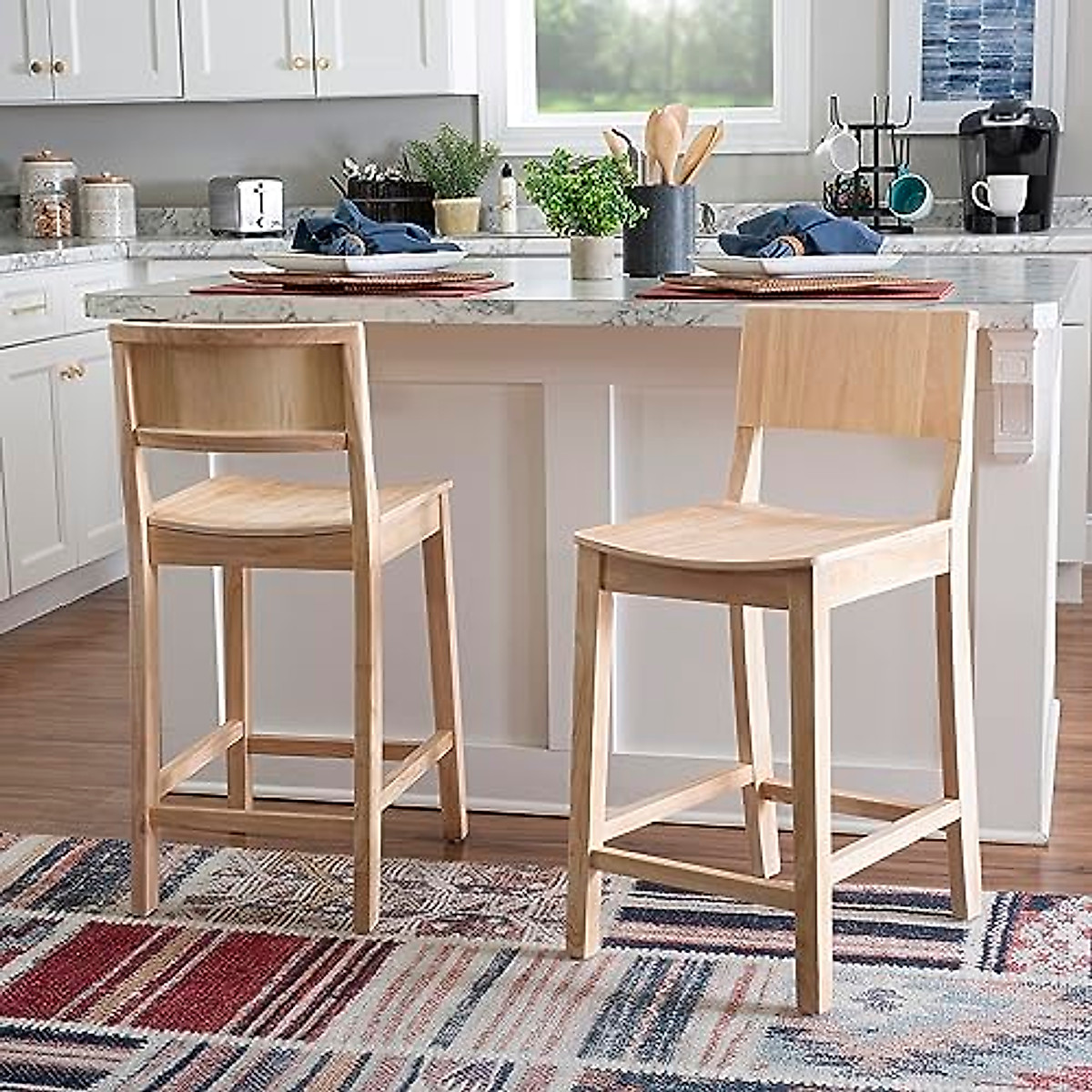 Linon Unfinished Benton Solid Rubberwood MidCentury Stool Set of 2, Counter Height