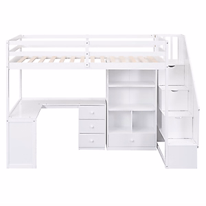 SOFTSEA Twin Loft Bed with L-Shaped Desk & Stairs, Wood Loft Bed with Desk and Storage Staircase, Twin Loft Bed with Bookcase and Storage Drawers, High Loft Bed with Desk for Kids Teens Adults, White