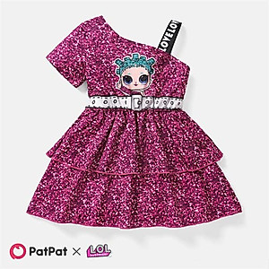 L.O.L. Surprise! Girls Tiered Dress Figure Print Layered One Shoulder Casual Dress Flowy Summer Dress Size 6-12 Deep Magenta 7-8 Years