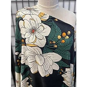 Camellia Flower Print Linen Rayon - Green/Gold/White - Fabric by The Yard