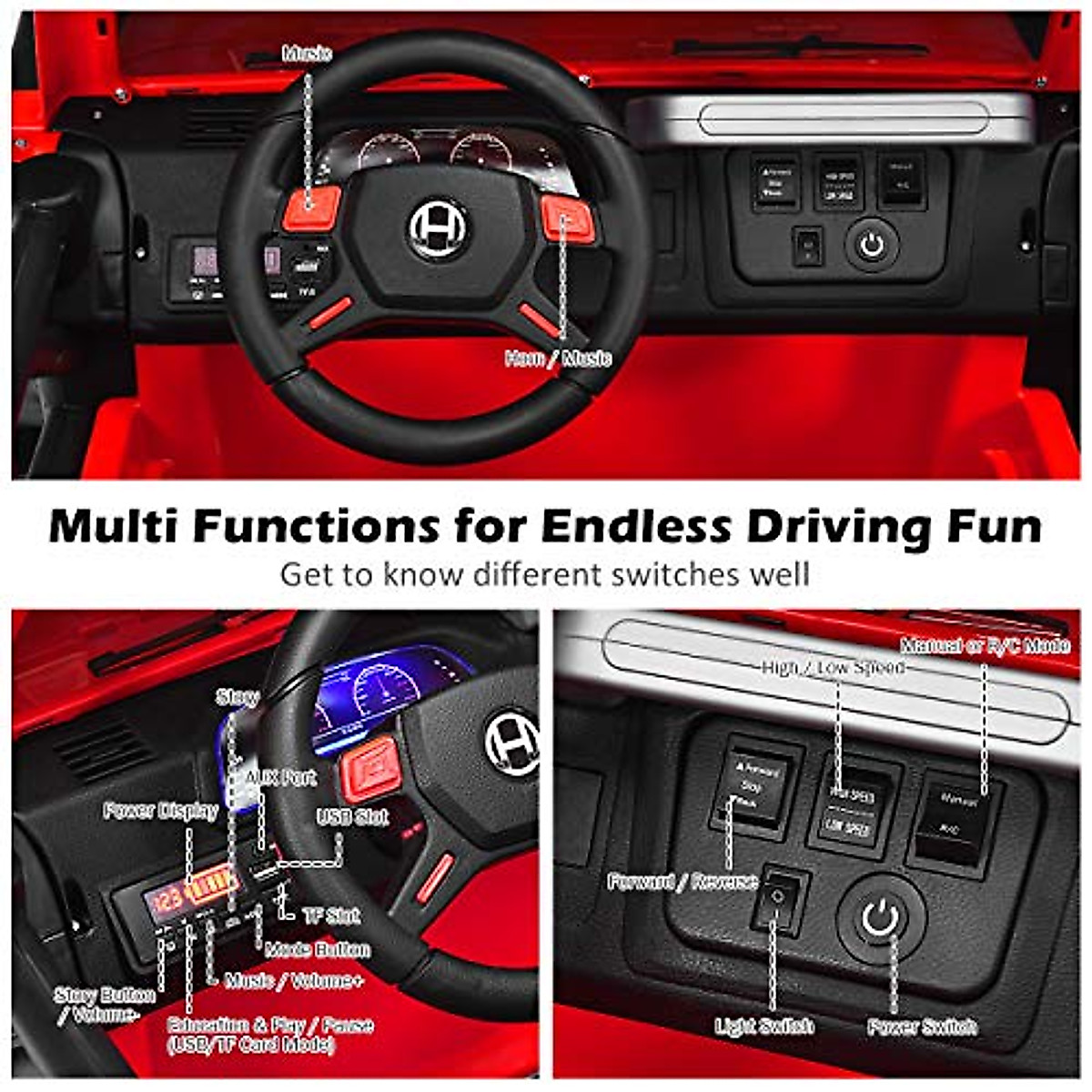 HONEY JOY 2 Seat Ride On Truck, 12V Off-Road Ride On Car with Remote Control, Slow Start, Spring Suspension, LED Lights, Music, 3 Speeds, Battery Powered Electric Vehicle for Two Kids(Red)