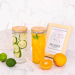 Moretoes 2pcs 24oz Glass Cups with Lids and Straws, Glass Iced Coffee Cups Cute Travel Tumbler Cup, Drinking Jars Set Reusable Boba Bottle for Jumbo Smoothie, Cold Brew, Soda, Juice