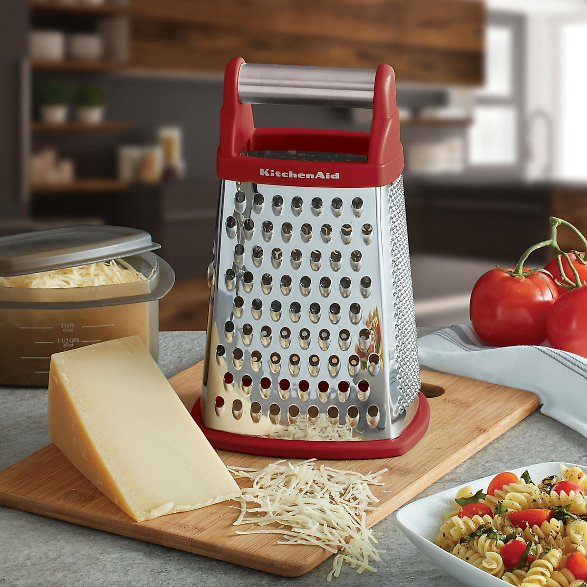 KitchenAid Gourmet 4-Sided Stainless Steel Box Grater for Fine, Medium and Coarse Grate, and Slicing, Detachable 3 Cup Storage Container and Measurment Markings, Dishwasher Safe, 10 inch, Red