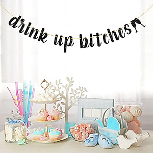 Belrew Drink Up Bitches Banner, Birthday Party Decor, Farewell Retirement Party, Bridal Shower, Bachelorette Hen Party Decoration Banner Supplies, Glittery Black