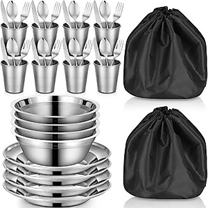 50 Pcs Camping Mess Kit, Polished Stainless Steel Dishes Set, Portable Dinnerware Utensils Tableware with Cups, Plates, Bowls, Mesh Bag for Backpacking Hiking Camping Travel Picnic, 8 Person Set