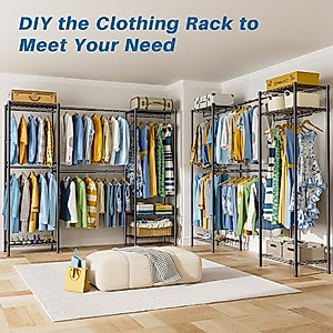 HEMTEN K1 Heavy Duty Clothes Rack Closet, 5 Tiers Adjustable Metal Freestanding Expandable Clothing Storage with 5 Hanger Rods, Easy to Assemble Wardrobe, 78" H x (69.7" - 90") L x 15.7" D, Black
