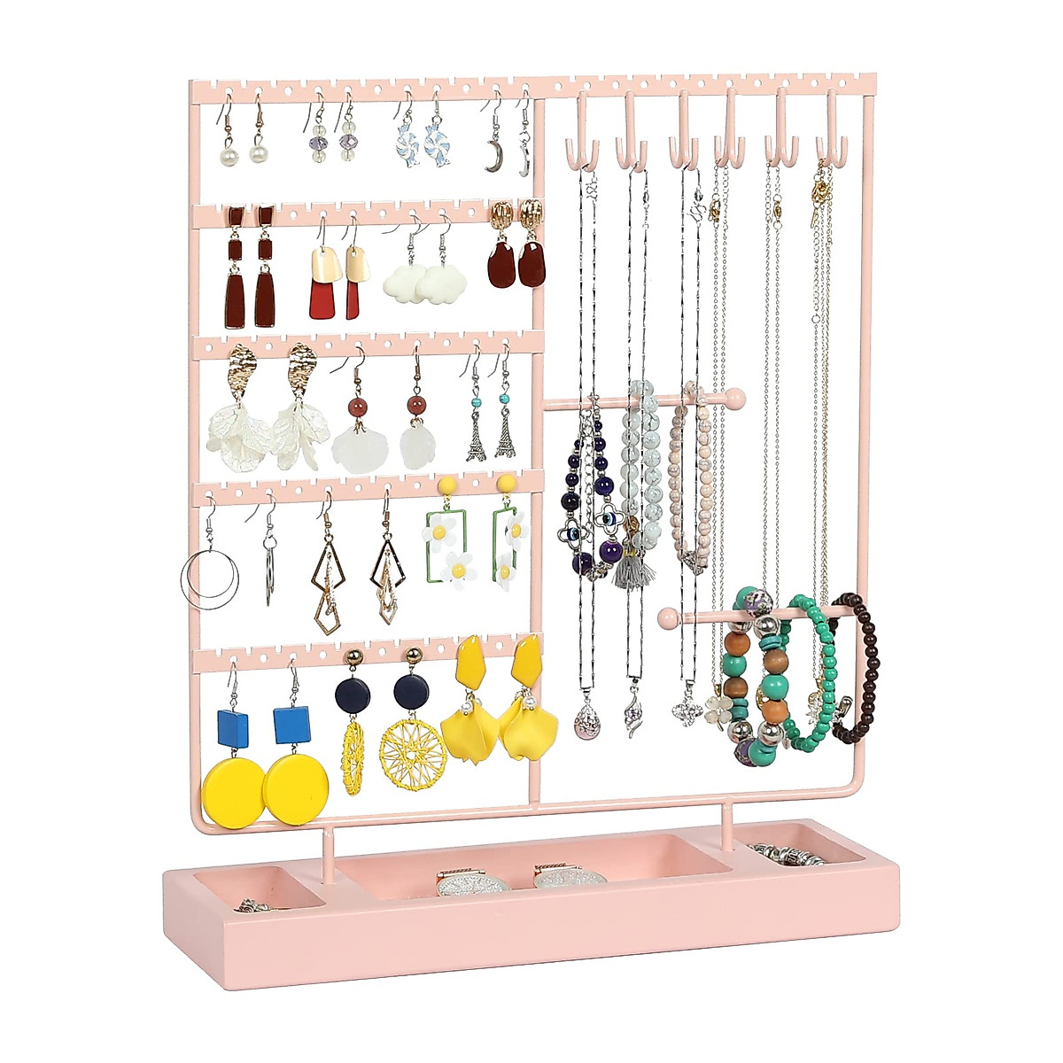 X-cosrack Earring Organizer Holder, 5-Tier Ear Stud Holder with Wooden Tray, Jewelry Towers for Earrings Necklaces Bracelets Watches and Rings,Earring Display Stand, Pink