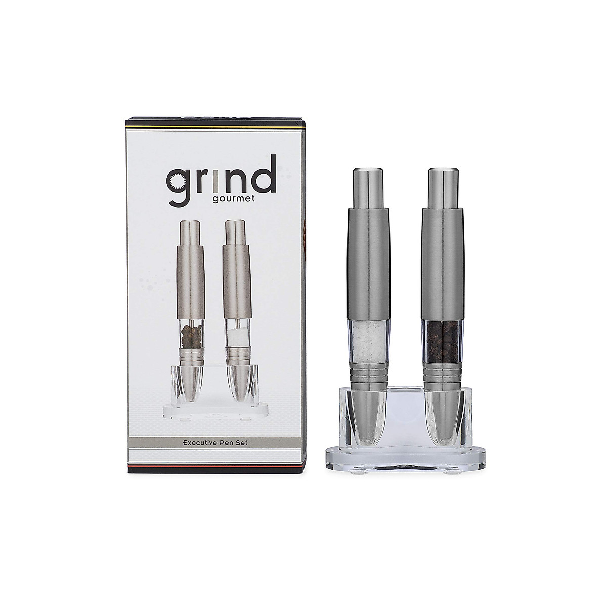 Executive Pen Salt and Pepper Grinder Set, Grind Gourmet Refillable Modern Thumb Button Grinders Use With Peppercorns, Sea and Himalayan Salts, Comes with Stand