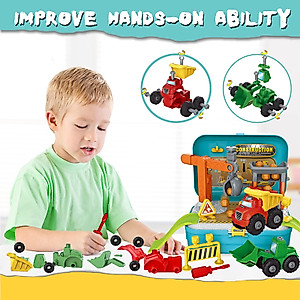 KAEGREEL Construction Vehicles Toys for Boys, 60PCS Take Apart Trucks Engineering Building Excavator Crane DumpToy Set with Backpack, STEM Birthday Gifts for Kids Aged 3 4 5 6 8 Year Old Toddlers