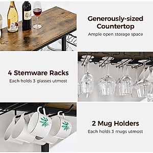 Yaheetech Wine Rack Table with Glass Holder, Industrial Wine Bar Cabinet with 25-Bottle Wine Storage and 6 Hooks, Coffee Bar Table Liquor Cabinet for Bar, Buffet, Living Room, Kitchen, Rustic Brown