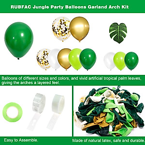 RUBFAC 134pcs Jungle Safari Balloons Garland Arch Kit, Green and Gold White Confetti Balloons with Artificial Tropical Palm Leaves for Birthday Baby Shower Wild One Animal Dinosaur Theme Decoration