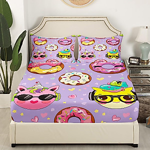 Kawaii Doughnut Fitted Sheet Queen, Funny Dessert Theme Bed Sheets for Boys Teens, Abstract Unicorn Bedding Sets Creative Hippie Tribal Feather Bedding Decor Set, Novelty Bedroom Decor