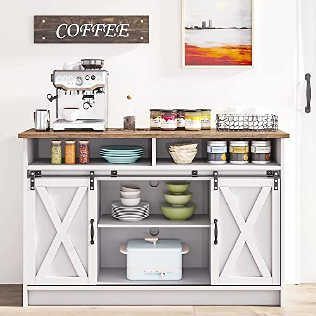 HOMBCK Coffee Bar Cabinet, Farmhouse Buffet Cabinet with Barn Door, White Coffee Bar Sideboard with Storage for Living Room, Dining Room, Hallway, Console Table, Accent Cabinet, White