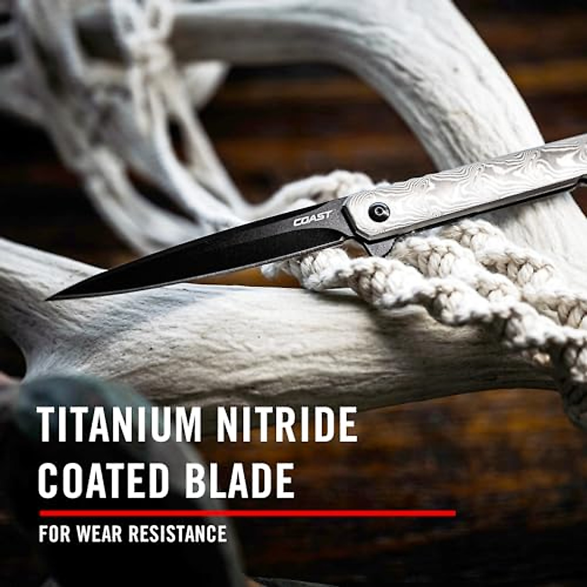 Coast Founder's Collection LX533 ORIGIN, Gentleman's EDC Folding Pocketknife, DAMASCUS Stainless-Steel Handle, Flipper Tab, Frame Lock, Pocket Clip, Black Nitride Stainless-Steel Blade