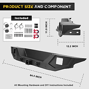 Rear Bumper Compatible for Jeep 2007-2018 Wrangler JK & JKU Unlimited (2/4 Doors),HAWKLEY Rock Crawler Offroad Back Bumper with Hitch Receiver & 2x LED Lights & 2x D-Rings