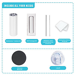 JKGTKC 50pack 20oz skinny straight sublimation tumblers blank stainless steel heat press cup with Lid,Individually Box,silicone base Polymer Coating for Heat Transfer (50pack)