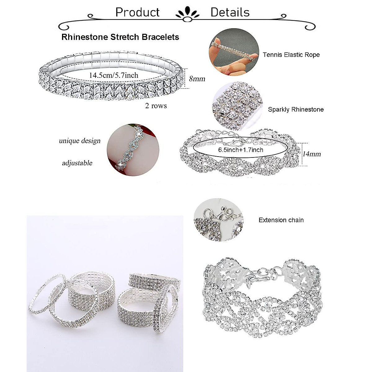 SONNYX 8 PCS Rhinestone Bracelets Stretch for Women Bridal Sparkly Wedding Strand Tennis Bracelet Bling Bikini Crystal Bracelet Silver-Stone Wedding Jewelry Bracelet Set