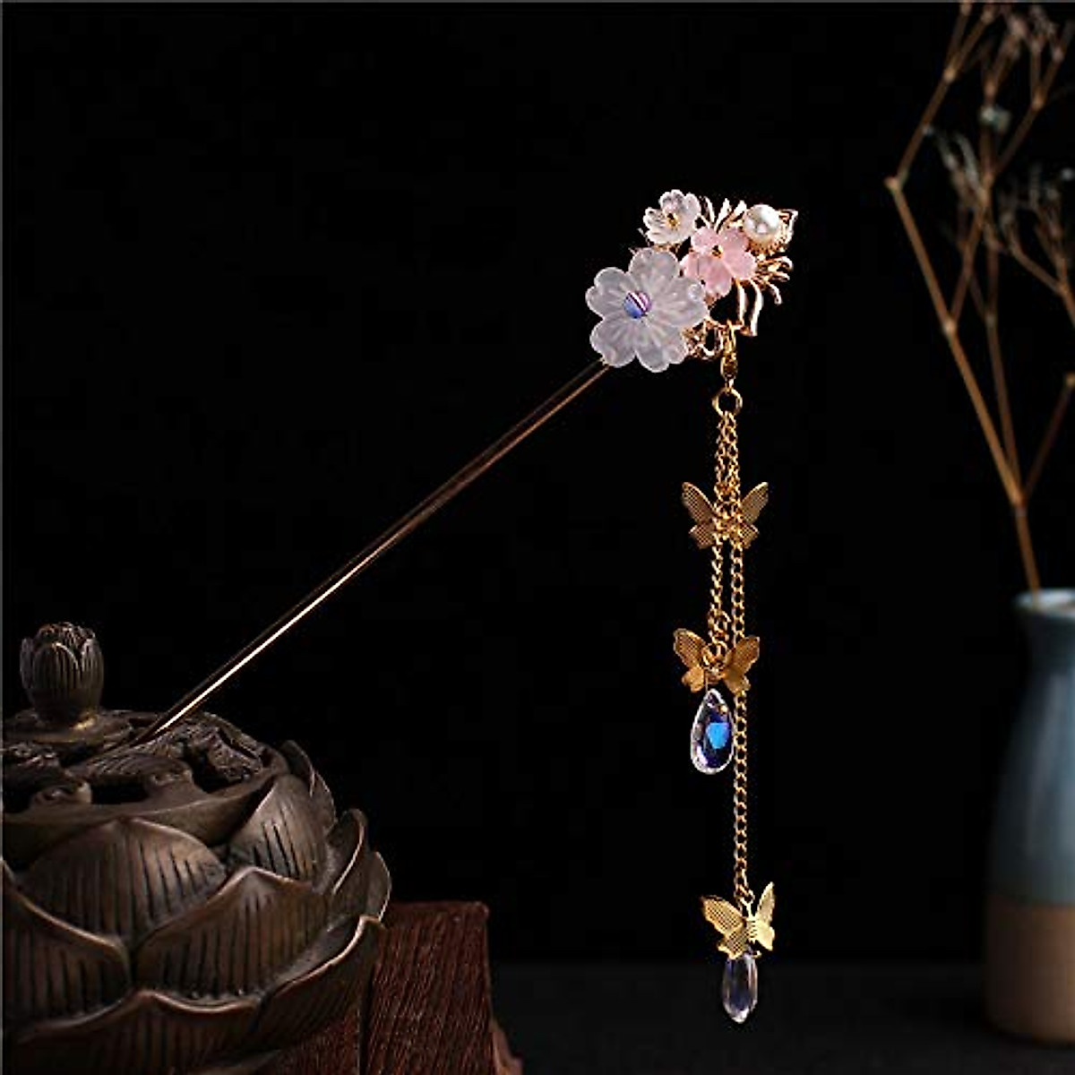 BEMEI Rhinestone Pearl Flower Hair Stick,Crystal Pearl Hair Sticks,Butterfly Tassel Flower,Hairpin Chignon Pin Chopsticks Hair Styling Accessories(F)
