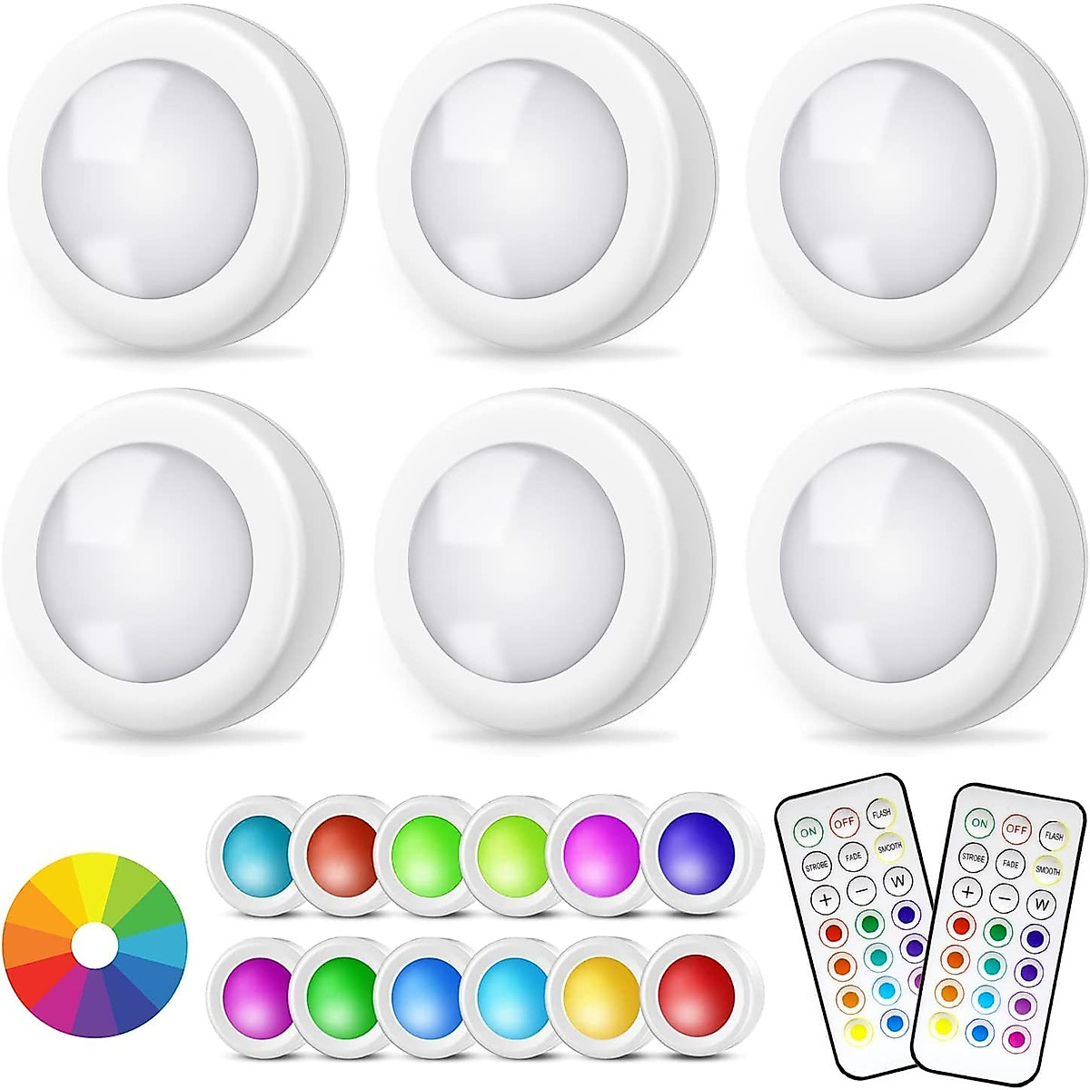 LED Puck Lights, Battery Operated Under Cabinet Light, RGB Color Changing Night Lights with Timer, Dimmable Push Light for Bathroom Kitchen Bedroom, 6 Pack