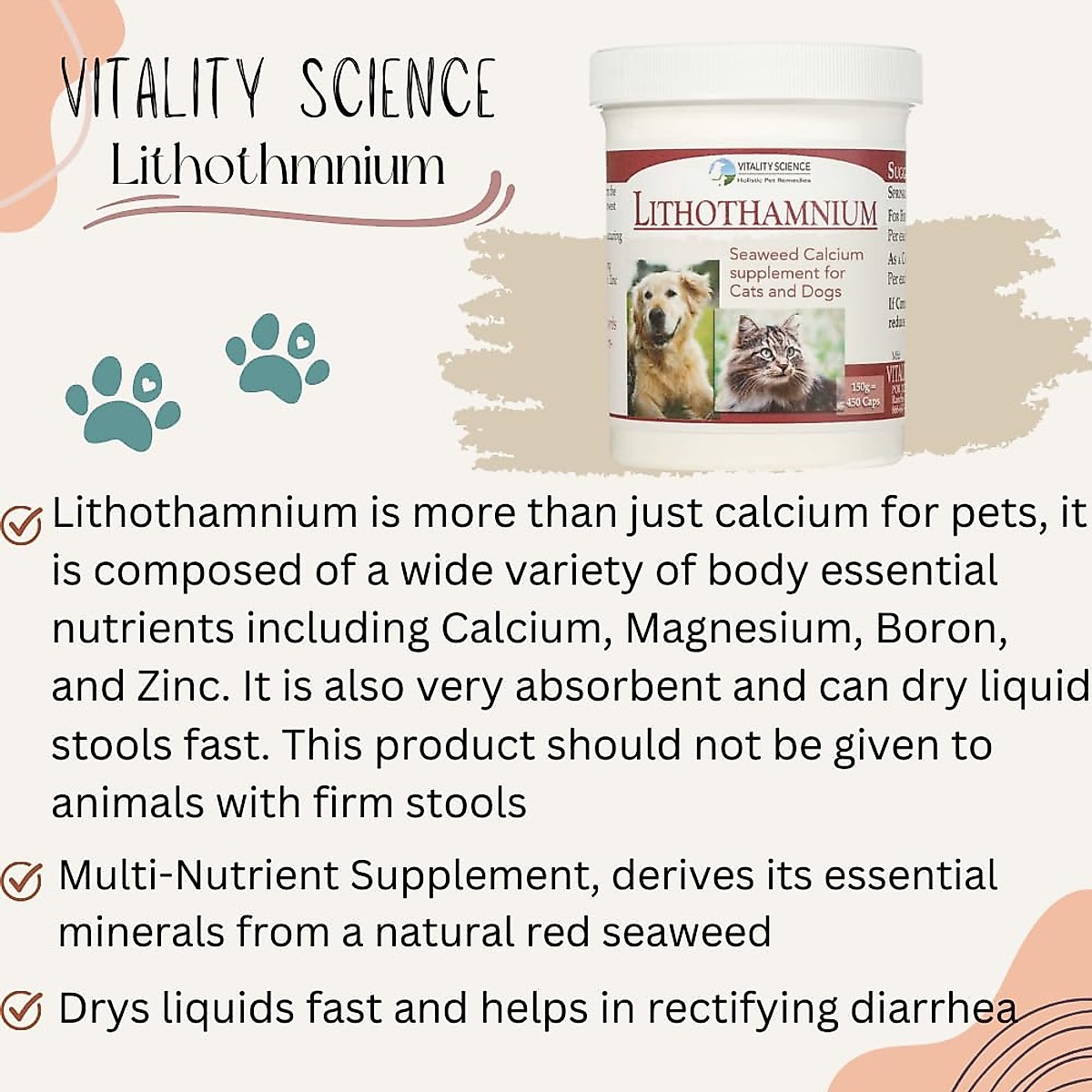 Vitality Science Natural Red Seaweed Lithothamnium Calcium Supplements for Cats and Dogs | Easy Absorption | Promotes Healthy Bones and Joints | Diarrhea Relief