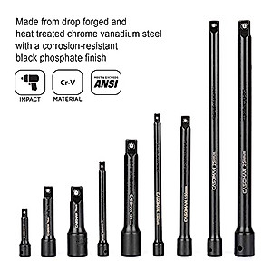 CASOMAN 9 Pieces Extension Bar Set, 1/4", 3/8" and 1/2" Drive Socket Extension, Premium Chrome Vanadium Steel with Black Phosphate Finish