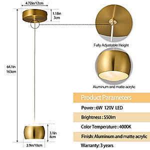 ADCTHOME Modern LED Dimmable Pendant Light fixtures,Mini Island Pendant Lighting for Kitchen Island Dinning Room,Bedroom,Bar, Kitchen Island Ceiling Hanging Light Fixtures(gold-3-Pack)