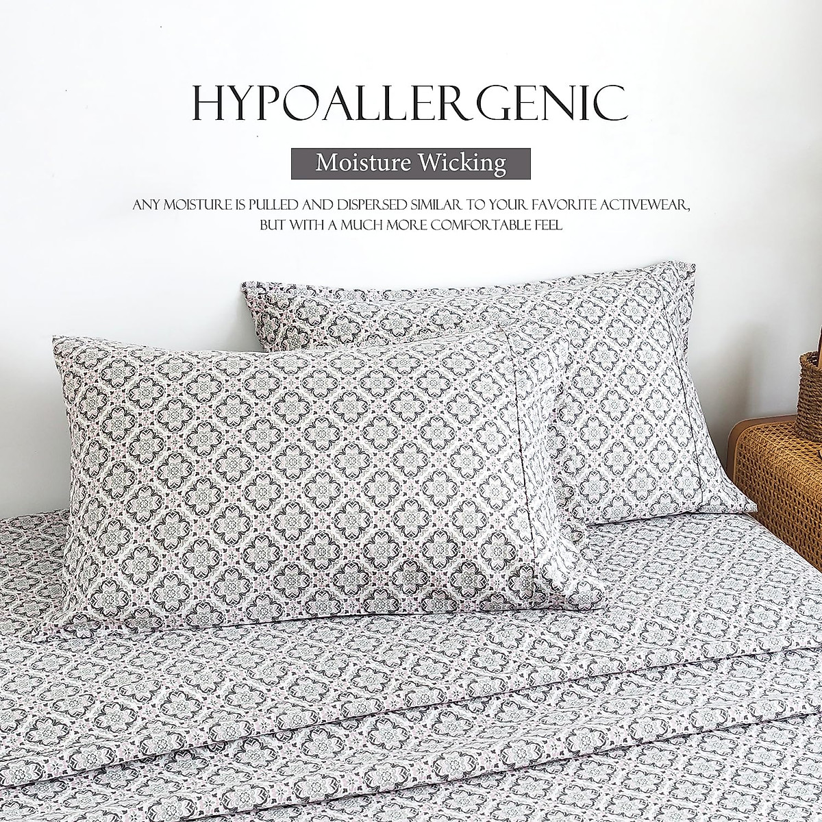 KaceMoo King Sheet Set 4PC Printed Sheets Beige Floral Pattern Boho Sheets Cooling Deep Pocket Microfibe Bed Sheet King Size, Luxury, Soft, Breathable, Hypoallergenic, Wrinkle Free for Kids Room, Dorm