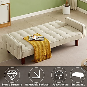 Betoko Linen Futon Sofa Couch 73.6" Fabric Upholstered Convertible Sofa Bed Minimalist Button Tufted Small 3 Seater Sleeper Futon Couch Set for Living Room Bedroom (Beige)