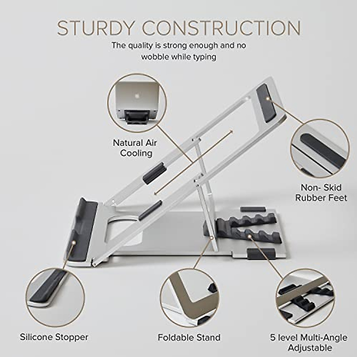 POUT Eyes 3 Angle - Adjustable Angled Ergonomic Laptop Stand Riser - Notebook Computer Holder Compatible w/ MacBook Air Pro Dell HP & More 11"-17" Laptops - Foldable & Portable w/ 5 Angles (Silver)