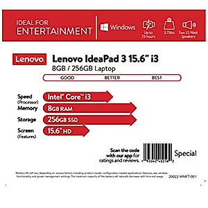 Lenovo IdeaPad 3 15.6" HD Laptop PC, Intel 10th Gen Core i3-1005G1 CPU, 8GB DDR4 RAM, 256GB SSD, Camera, WiFi, Bluetooth,Windows 10 S Mode - Abyss Blue- 1-Year McAfee