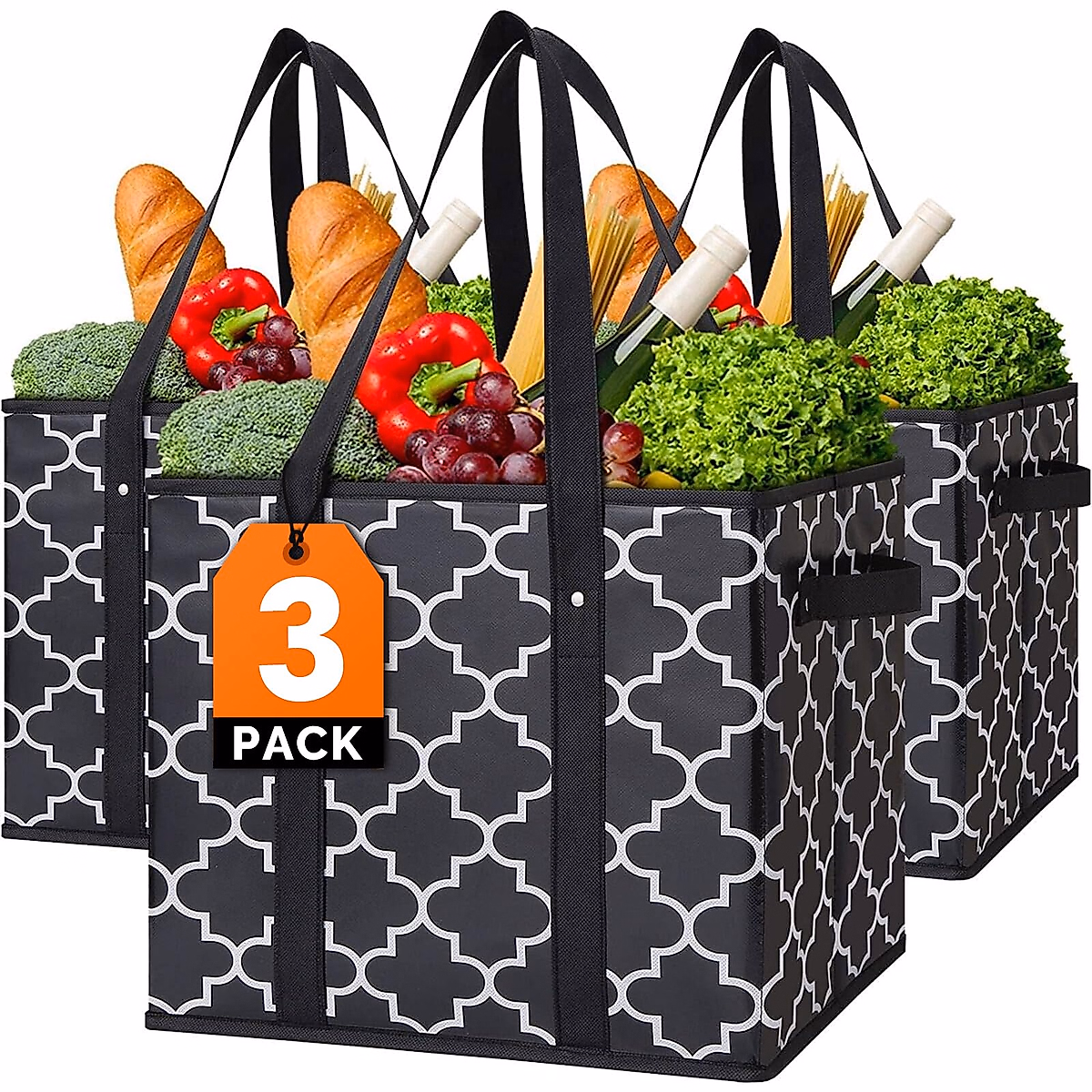 WISELIFE Reusable Grocery Bags 3-Pack Foldable Washable Large Storage Bins Basket Water Resistant Shopping Tote Bag Black