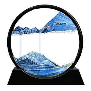 Feilicraft Moving Sand Art Picture Round Glass Frame Sandscapes 3D Deep Sea Display in Motion Dynamic Flowing Grit Photo Hourglass Desktop Art Home Office Decoration Party Gift (12‘’, Blue)